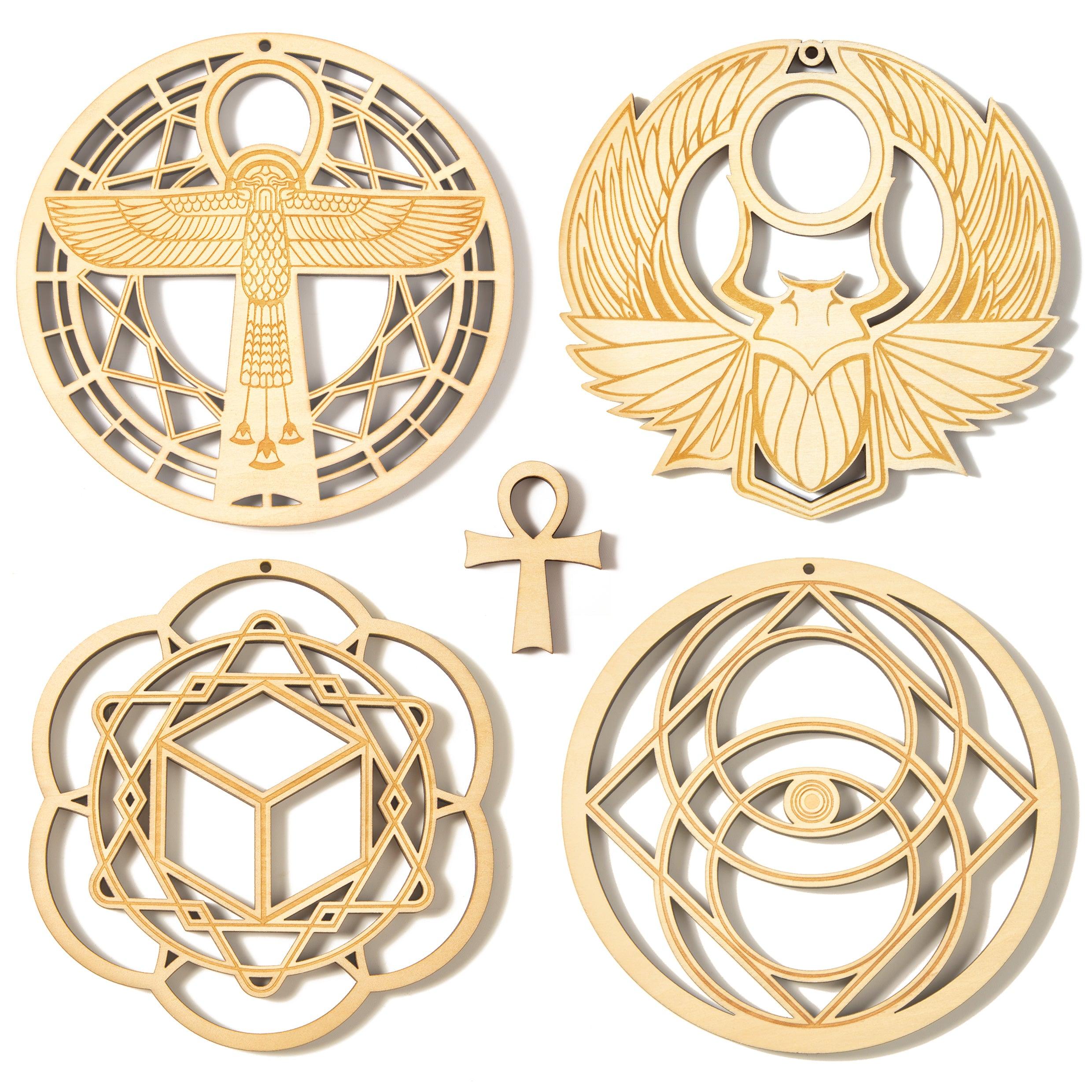 5.31" Sacred Geometry Wall Art Decor 4 PCS Set (Egyptian Ankh, Scarab ...